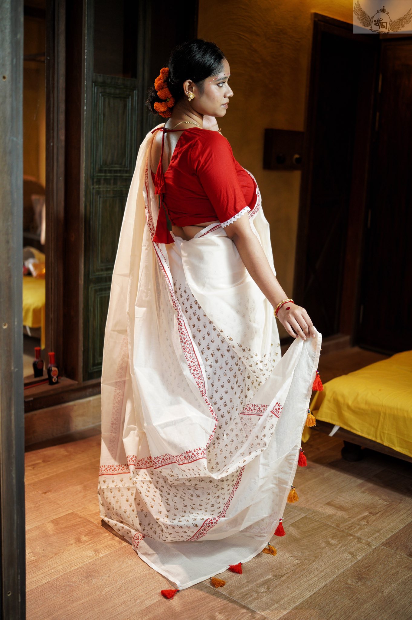 Upontik | Block Printed Sharee - Khacha